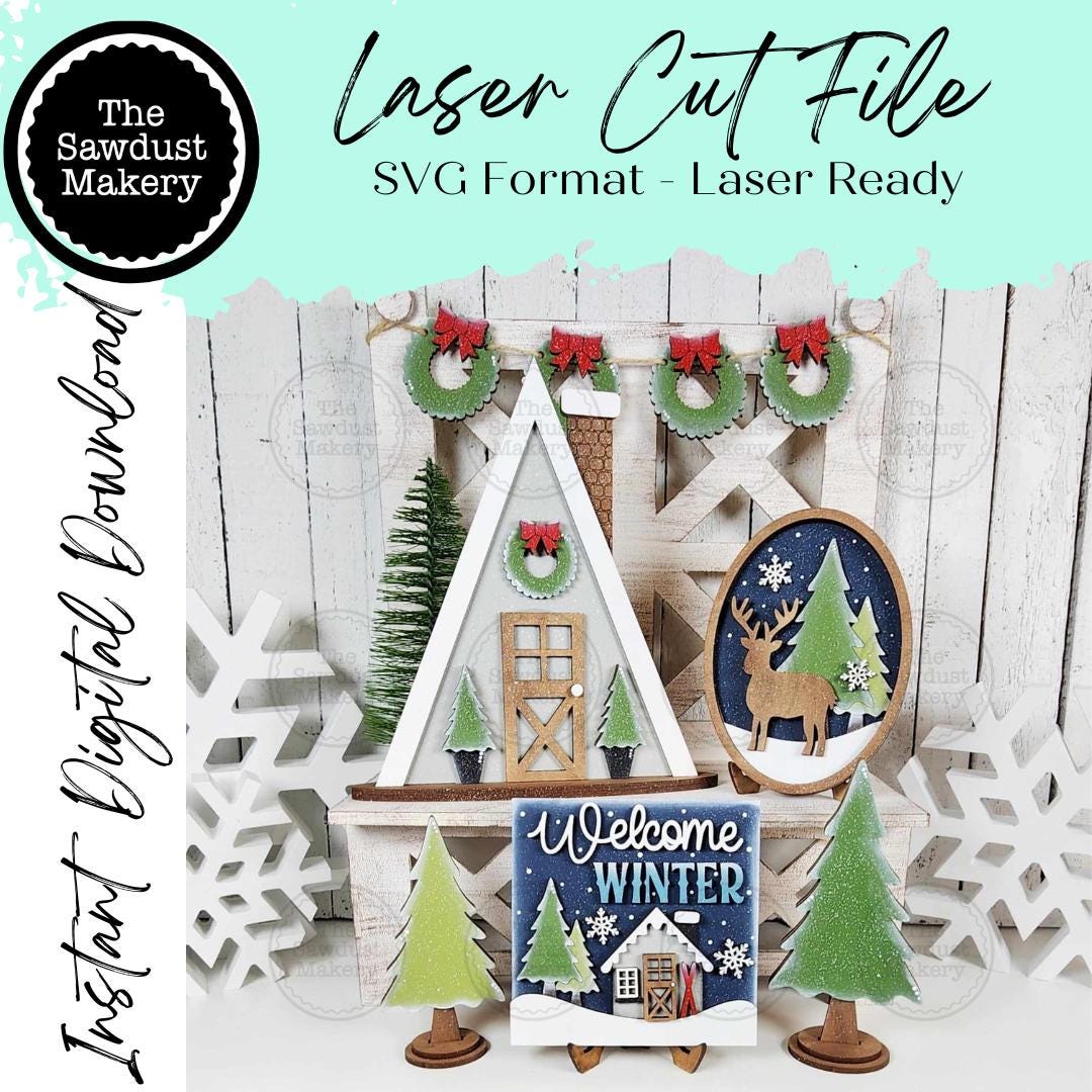 Winter Cabin Decor Set Tiered Tray Display SVG File | Laser Cut File ...